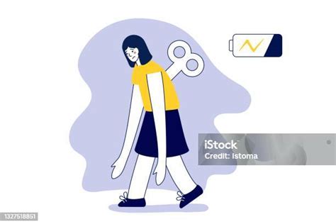 피곤한 여자는 생각에 방전 된 배터리와 함께 앞으로 피곤 한 여성은 정서적 소진 또는 정신 장애에 있을 수 없습니다 에너지