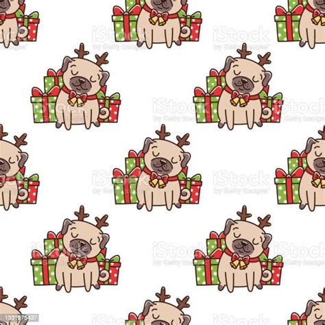 흰색 배경에 선물 산타 도우미 새끼 사슴으로 옷을 입고 개 품종 퍼그와 원활한 패턴 포장 포장지 섬유 등을위한 훌륭한 디자인