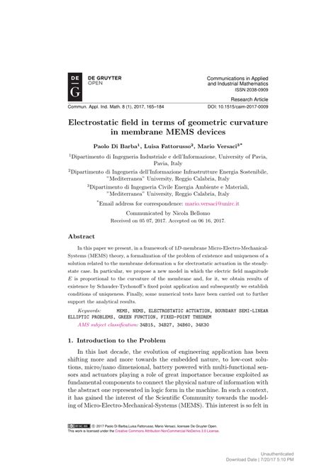Pdf Electrostatic Field In Terms Of Geometric Curvature In Membrane Mems Devices