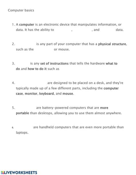 Computer Basics Worksheet Live Worksheets