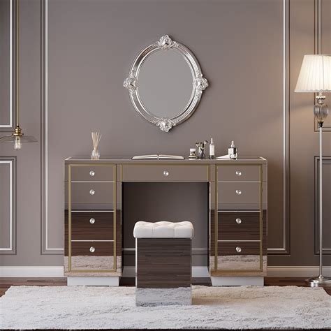 Glam Mirrored Makeup Vanity Set 9 Drawer Dressing Table With Glass Top