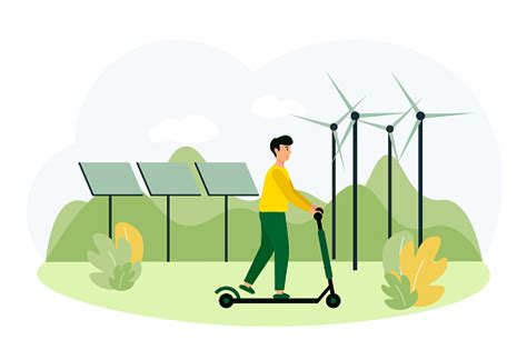 에코 그린 도시에서 현대 스쿠터를 사용하는 젊은 남자의 만화 캐릭터 개발에 대한 스톡 벡터 아트 및 기타 이미지 개발 개선 개체 그룹 Istock