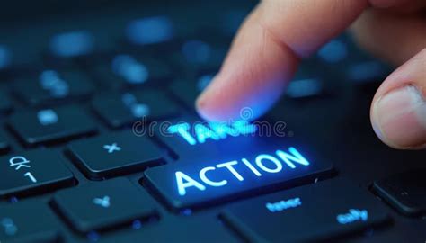Finger Presses Take Action Key On Keyboard Illuminated Blue Light