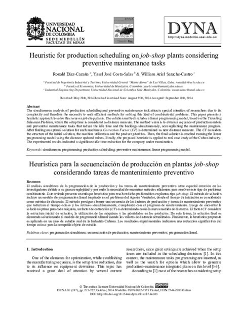 Pdf Heuristic For Production Scheduling On Job Shop Plants Considering Preventive Maintenance