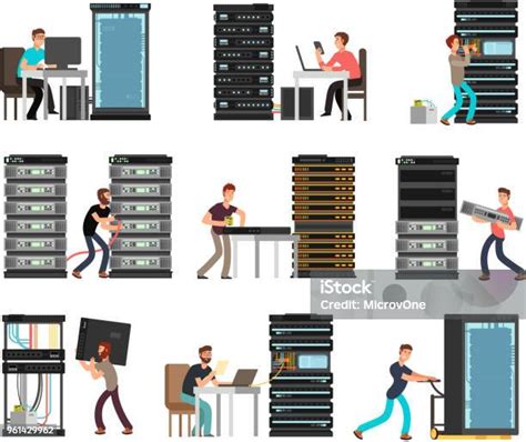 남자 엔지니어 서버 룸에서 일 하는 기술자입니다 디지털 컴퓨터 센터 지원 데이터 저장입니다 벡터 만화 캐릭터 격리 설정 네트워크 서버에 대한 스톡 벡터 아트 및 기타 이미지