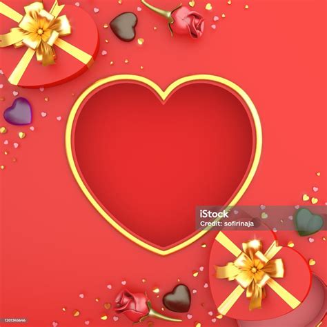 해피 발렌타인 데이 빨간 장미 꽃 하트 모양 선물 상자 창 틀 초콜릿 사탕 배경에 골드 색종이 반짝이 인사말 카드 플랫 레이 레이아웃 복사 공간 텍스트 3d 일러스트레이션