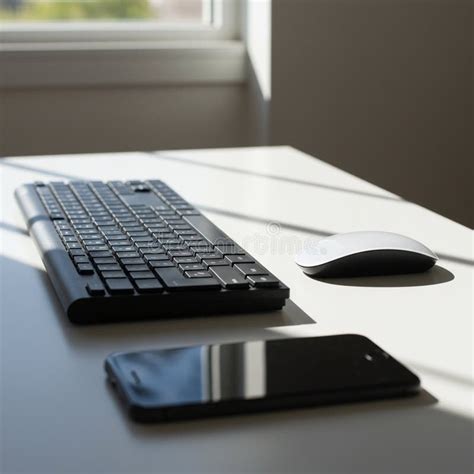A Desk Setup Featuring A Black Keyboard A Sleek White Computer Mouse And A Black Stock
