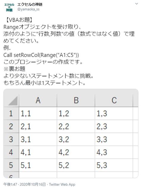 Rangeオブジェクトを受け取り行数列数で埋める｜ツイッター出題回答