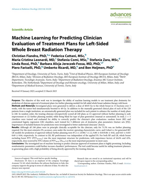 Pdf Machine Learning For Predicting Clinician Approval Of Treatment Plans For Left Sided Whole