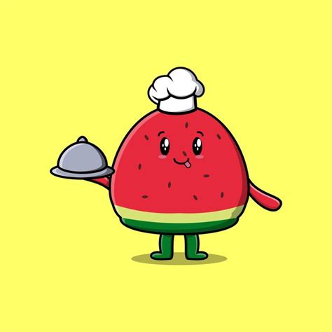 쟁반에 음식을 제공하는 귀여운 만화 요리사 수박 마스코트 캐릭터 귀여운 스타일 디자인 그림 프리미엄 벡터