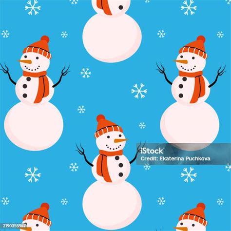 푸른 배경에 눈사람과 눈송이가 있는 완벽 한 패턴입니다 디자인을 위한 축제 겨울 배경 평면 스타일의 벡터 그림입니다 12월에 대한 스톡 벡터 아트 및 기타 이미지 Istock