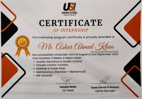 Ashar Khan On Linkedin Internship Intern Ned Industry Experience Steelmill Qc Acadamia