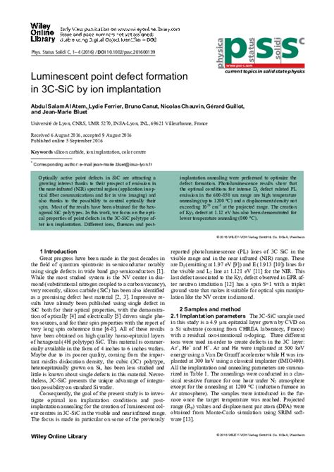 Pdf Luminescent Point Defect Formation In 3c Sic By Ion Implantation