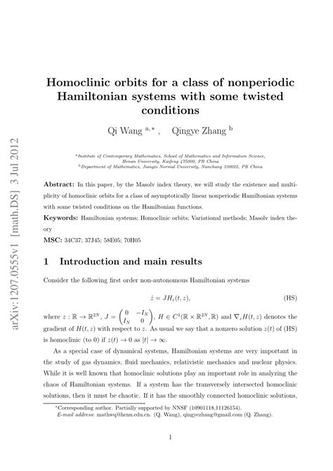 Pdf Homoclinic Orbits For A Class Of Nonperiodic Hamiltonian Systems With Some Twisted Conditions