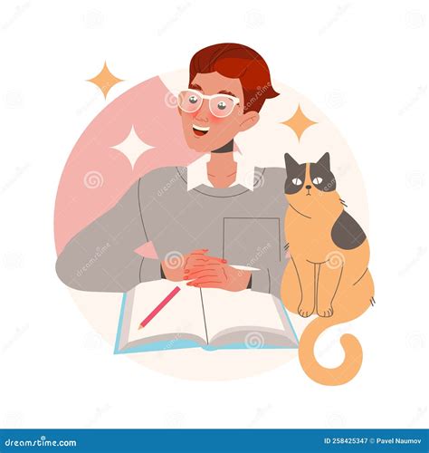 Clever Man Character In Glasses Learning Sitting At Desk With Open Book