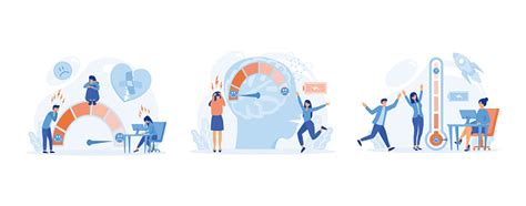 사람들은 기분 척도 스트레스 비율에 있습니다 전체 에너지 배터리를 가진 활기찬 생산적인 여성 스트레스 수준 척도 감정 기분에