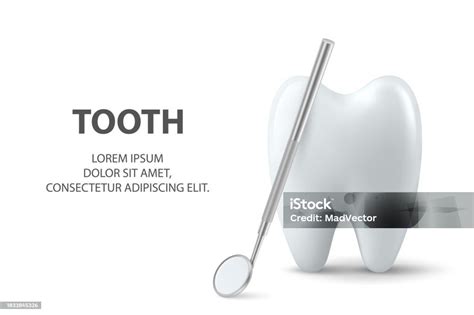 벡터 3d 현실적인 치아 및 치과 거울 근접 촬영은 흰색 배경에 고립되어 있습니다 의료 치과 의사 배너입니다 디자인 템플릿 클립아트 모형 치과 의료 위생 개념 거울에 대한
