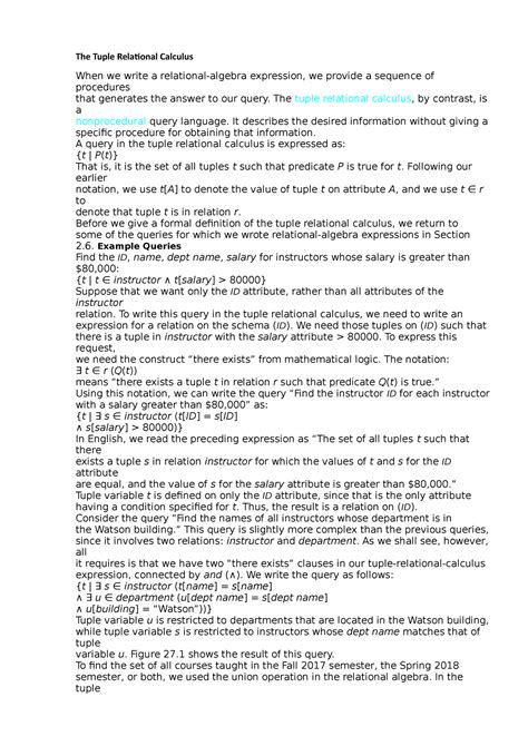 The Tuple Relational Calculus The Tuple Relational Calculus By