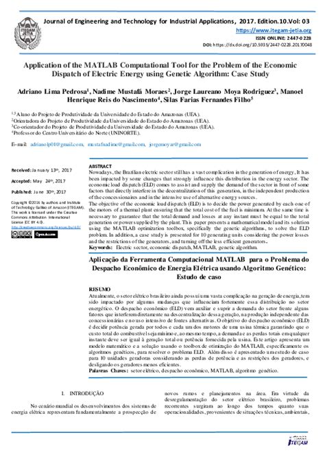 Pdf Application Of The Matlab Computational Tool For The Problem Of The Economic Dispatch Of