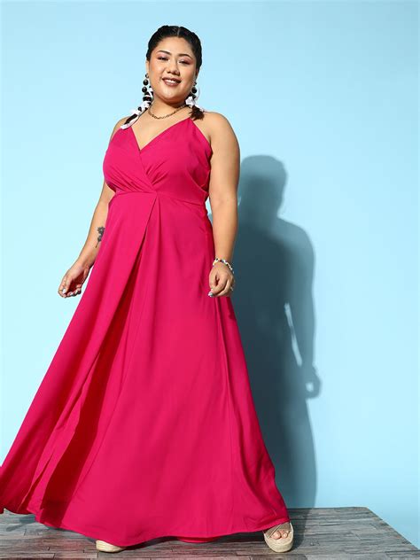 Women Plus Size Solid Pink V Neck Sleeveless Crepe Thigh High Slit Fit