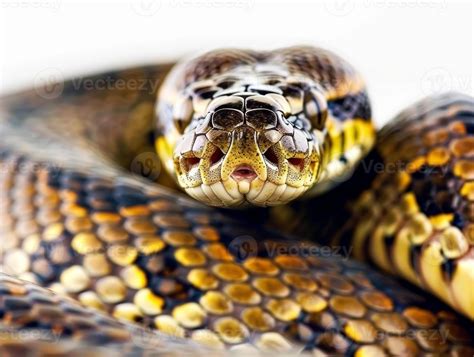 A Black Headed Python Is Coiled With Its Dark Head And Striking