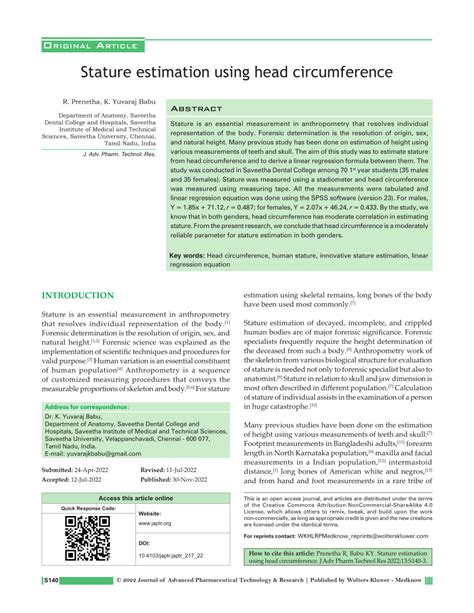 Pdf Stature Estimation Using Head Circumference