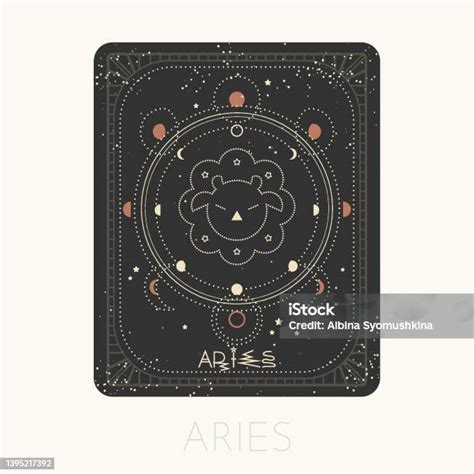 조디악 사인 양자리 카드 달의 위상을 가진 점성술 별자리 상징 검은 배경에 그래픽 골드 아이콘 벡터 라인 아트 일러스트 레이 션