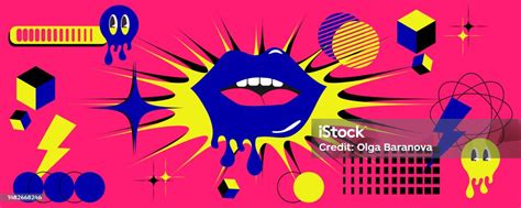 사이키델릭 만화 입술 기하학적 요소의 집합입니다 현대 캐릭터의 입술 유체 질감 혀 별 큐브 모양 미친 벡터 디자인 펑크 사람의 역할에 대한 스톡 벡터 아트 및 기타 이미지