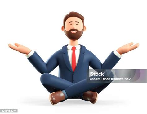 바닥에 앉아 명상 남자의 3d 그림 흰색에 고립 된 요가 연꽃 위치에 만화 미소 사업가 3차원 형태에 대한 스톡 사진 및 기타 이미지 3차원 형태 남자 명상하기
