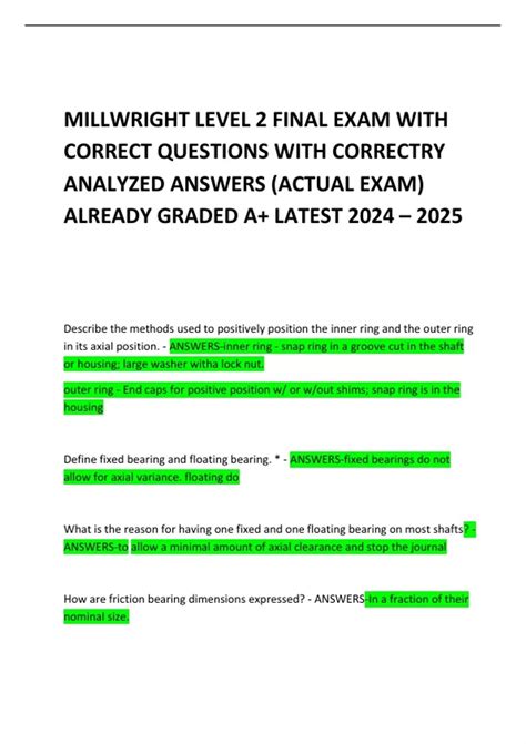 Millwright Level 2 Final Exam With Correct Questions With Correctry Analyzed Answers Actual