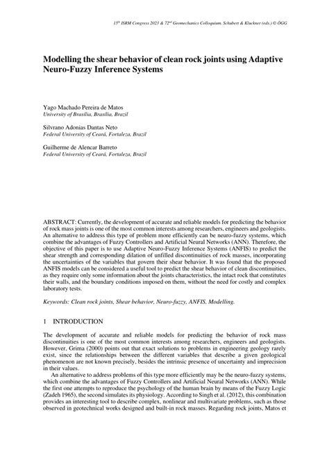 Pdf Modelling The Shear Behavior Of Clean Rock Joints Using Adaptive Neuro Fuzzy Inference Systems