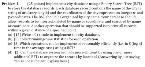 Solved Implement A City Database Using A Binary Search Tree Chegg