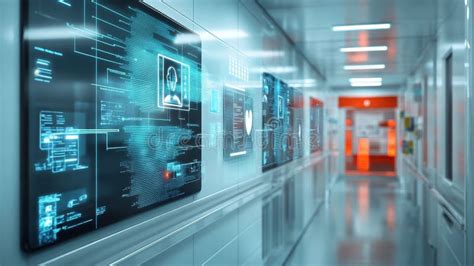 A Futuristic Corridor Displaying Digital Interfaces And Data Analytics