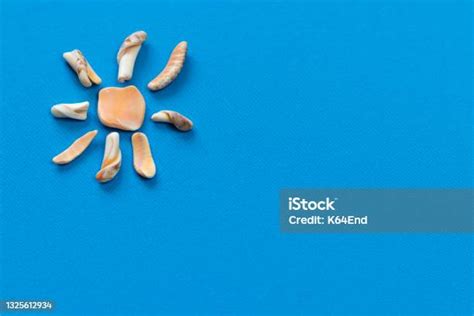 푸른 색으로 짠 배경에 해양 화석이나 껍질에서 배치 된 태양의 아이콘 배지 또는 상징과 바다 레크리에이션 및 휴가의 주제에 공간을 복사 0명에 대한 스톡 사진 및 기타