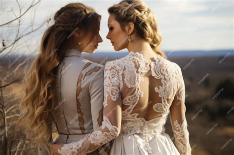 Premium Photo Two Caucasian Lesbians In Wedding Dresses On The