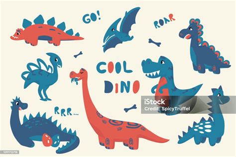 만화 공룡 귀여운 낙서 아기 디노 고립 된 컬렉션 어린이 일러스트를위한 사랑스러운 캐릭터 직물 인쇄 또는 포스터 및 보육 장식을위한 벡터 유치한 드로잉 세트 0명에 대한