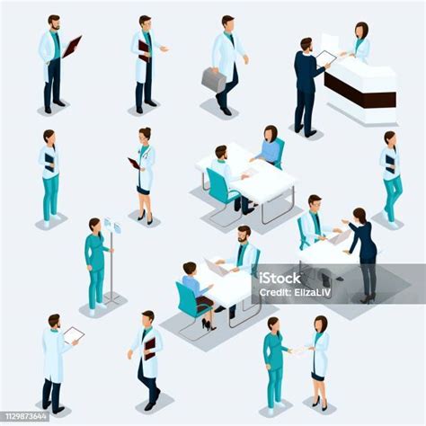 아이소메트릭 의사 병원 직원 간호사 3d 외과 의사와 환자를 설정 합니다 의료 전문가 절연된 의사 병원 팀 벡터 일러스트 레이 션 건강관리와 의술에 대한 스톡 벡터 아트 및