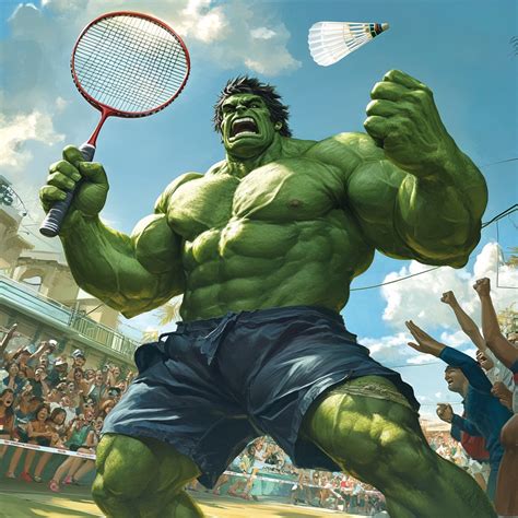 초록색 피부와 근육질 몸매의 헐크가 배드민턴 코트를 배경으로 배드민턴 라켓을 들고 역동적인 자세로 셔틀콕을 치고 있는 장면 헐크의 표정은 집중력 넘치고 진지하며 주변에는
