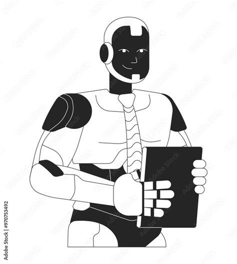 Smiling Robot Tie Holding Tablet Black And White 2d Line Character Futuristic Humanoid Office