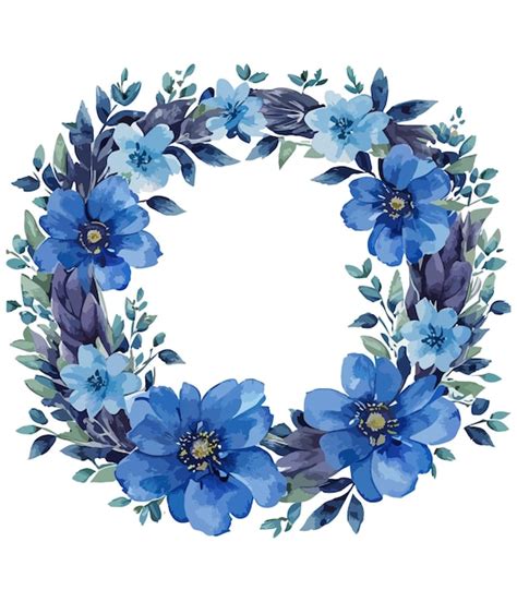 흰색 배경에 수채화 파란색 꽃 화환 프리미엄 벡터