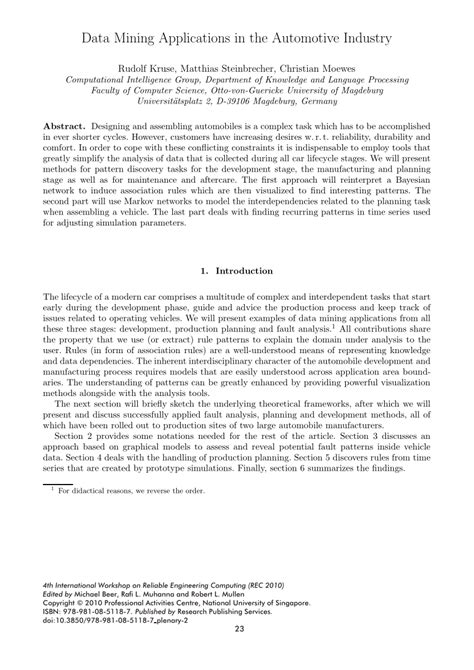 PDF Data Mining Applications In The Automotive Industry