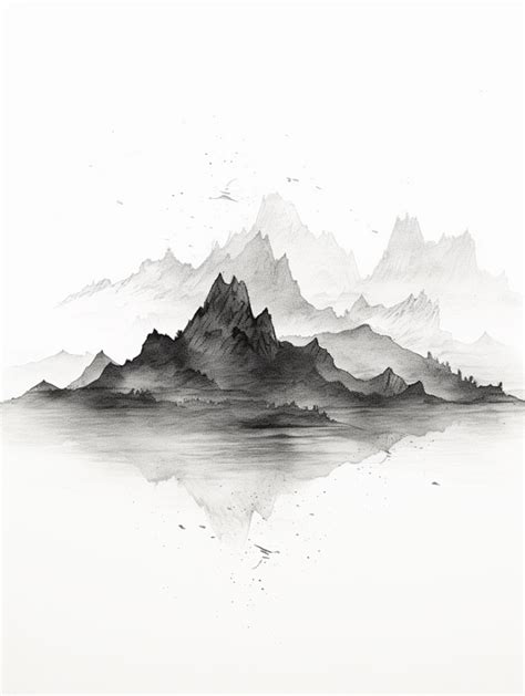 极简主义山水插图，水墨山脉清晰黑白