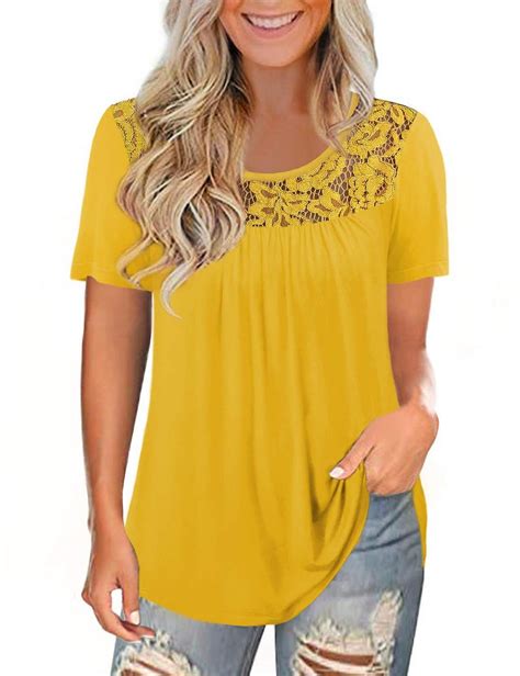 Folunsi Womens Plus Size Short Sleeve Lace Pleated T Shirt Loose Casual Blouses Tunic Tops M
