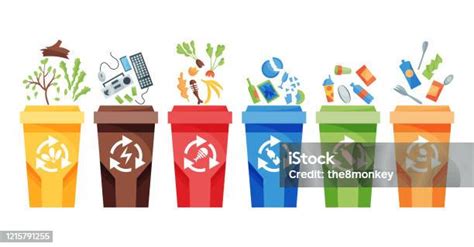 쓰레기 수거 재활용 다른 유형의 쓰레기 플라스틱 용기 쓰레기 통 개념 로고입니다 만화 스타일의 벡터 일러스트레이션 3차원 형태에 대한 스톡 벡터 아트 및 기타 이미지