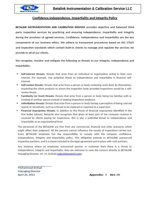 Independance Integrity And Impartiality Statement Pdf Policy