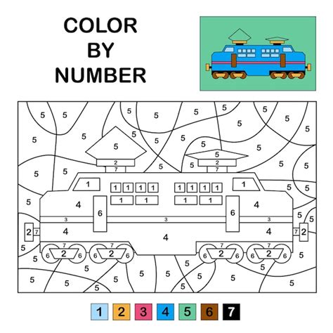 파란색 기차의 숫자를 색칠하세요 어린이와 청소년을 위한 교육용 게임 색칠하기 페이지 프리미엄 벡터