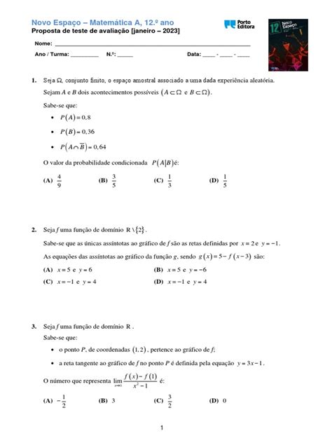 Proposta De Teste De Avaliação De Matemática A Do 12o Ano Com Questões