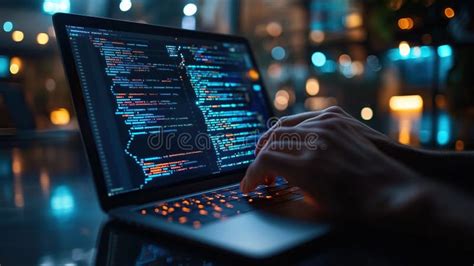Person Coding Laptop Vibrant Programming Code Screen Generated Ai Stock