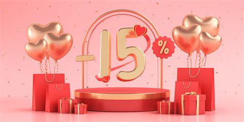 15 할인 창의적인 구성을 할인합니다 장식 개체 하트 모양의 풍선 황금 색종이 풍선 쇼핑백 연단 및 선물 상자가 있는 3d 판매