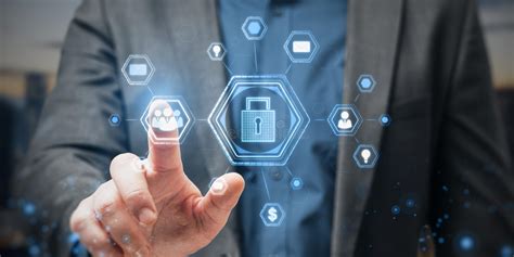 Close Up Of Male Hand Using Abstract Glowing Padlock Hologram On Blurry Wide City Background